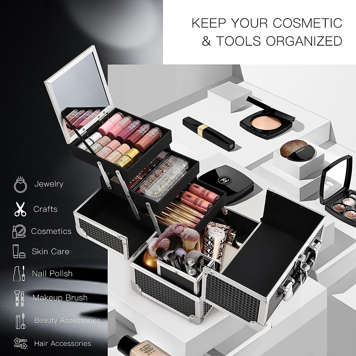 Joligrace Makeup Box Organizer Large Makeup Case 3-Tray with Mirror Carrying Make-up Train Case with Brush Holder Locking Portable Cosmetic Travel Storage Shiny Black