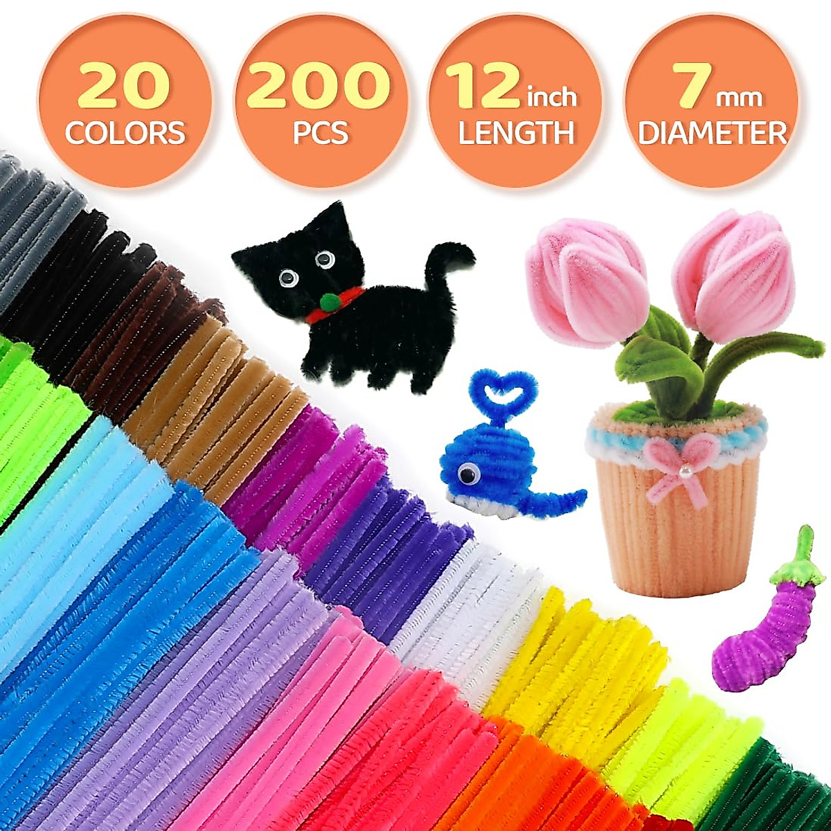 GAGANIU 200pcs Pipe Cleaners, Pipe Cleaners for crafts, Craft Supplies Multicolor Chenille Stems for Art&Craft Christmas DIY projects(12inch*6mm,20colors)