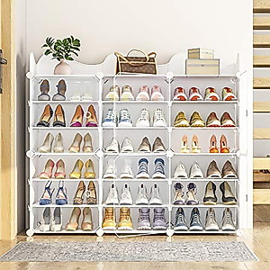 MAGINELS Portable Shoe Rack, 36-Pair DIY Shoe Storage Shelf Organizer, Plastic Shoe Organizer for Entryway, Shoe Cabinet with Transparent Doors, White