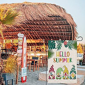 OPULANE Hello Summer Garden Flag Gnomes Beach 12x18 Inch Double Sided Small Vertical Burlap Yard Flags Seasonal Outdoor Decor for Farmhouse Rustic Home Lawn Patio Wedding Outside E1104