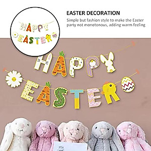 ABOOFAN 1 Set Happy Easter Banner Bunny Sign Rustic Bunting Garland Easter Hanging Ornaments for Easter Theme Party Wall Decorations