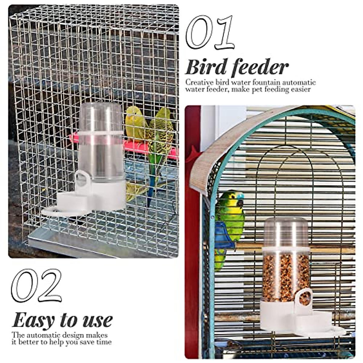 POPETPOP 2Pcs Automatic Bird Feeder, Bird Water Bottle Drinker Bird Cage Water Dispenser Clear Food Dispenser Container Set Hanging in Cage for Parrots Budgie Cockatiel Lovebirds