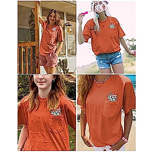 TELULYOO Womens Wildflower Oversized T Shirts Summer Tops Short Sleeve Crewneck Cute Shirts Graphic Tees with Pocket(Orange,XL)