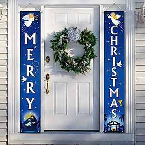 Christmas Religious Decoration Holy Nativity Christmas Banner Decor Christmas Porch Sign, Merry Christmas Jesus Door Banner Xmas Hanging Decorations for the Home Outdoor Indoor Wall Front Door, Blue