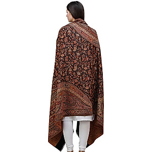 Exotic India Reversible Jamawar Shawl with Woven Paisleys - Color Caviar Black