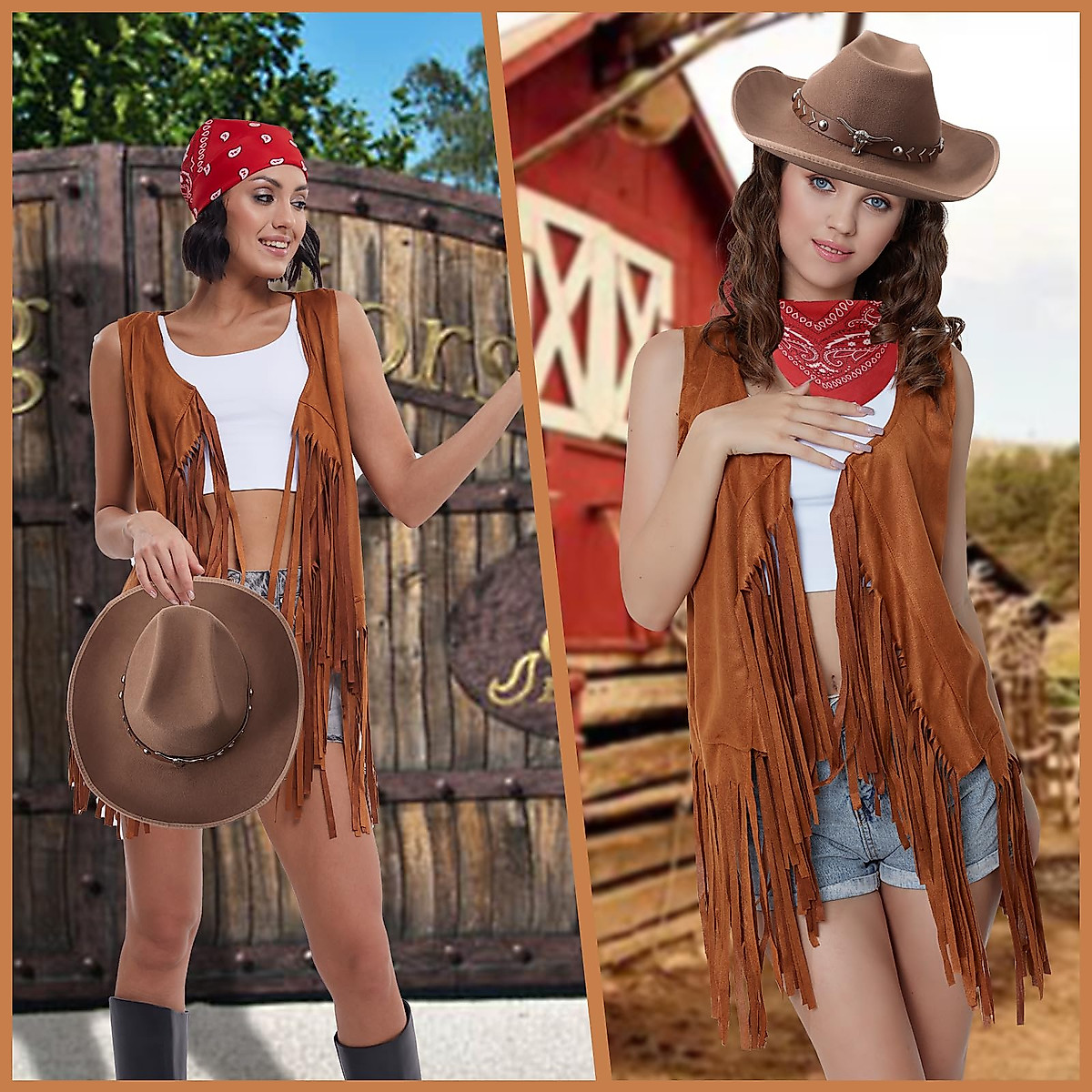 PARTTELY Western Cowgirl Outfits for Women, 70s Hippie Costume Cowgirl Tassels Fringe Vest, Cowboy Hat for Women, Bandana