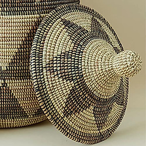 Senegal Jumbo Hand Woven Black Triangle Grass Basket with Hooded Lid