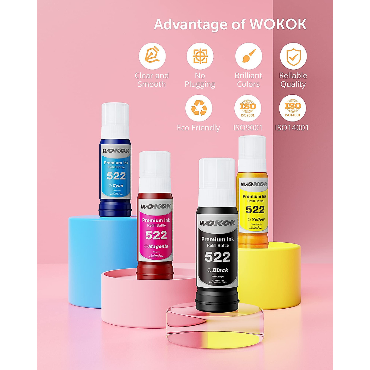 WOKOK Compatible Refill Ink Bottles for EcoTank 522 T522 T522520-S for use with EcoTank ET-2720 ET-2800 ET-2803 ET-4700 Printers (Black, Cyan, Magenta, Yellow) Not Sublimation Ink