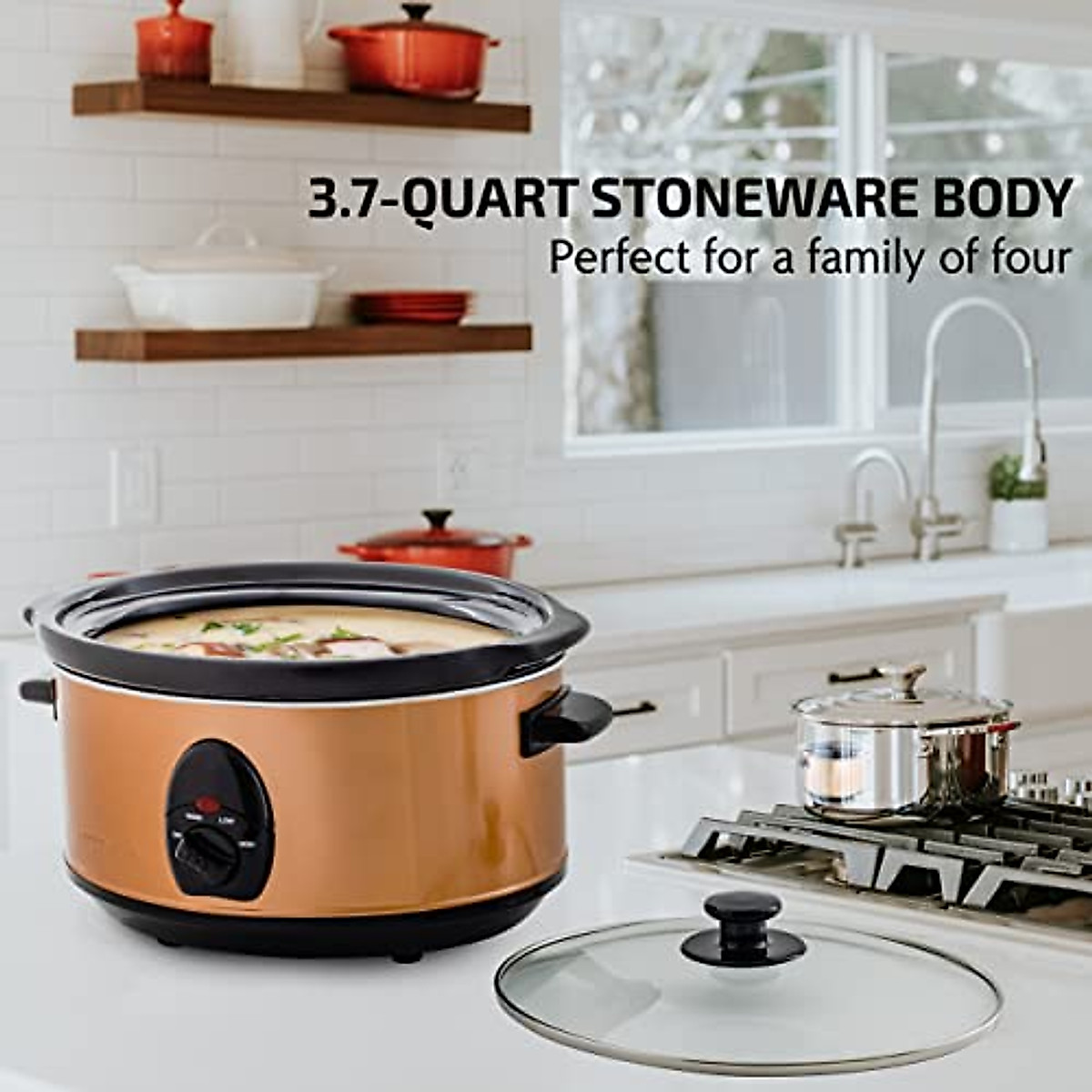 OVENTE Electric Slow Cooker with 3.7 Qt Ceramic Pot and 3 Cooking Settings, Dishwasher-Safe Stoneware, Tempered Glass Lid, Portable Multicooker Perfect for Soups Sauces Stews & Dips, Copper SLO35ACO1