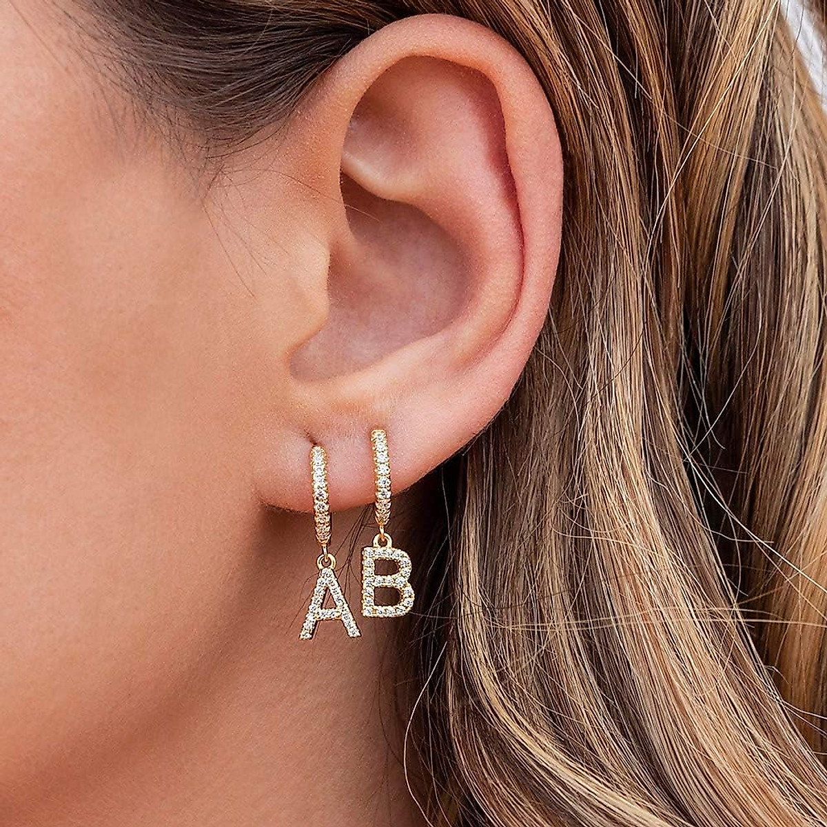 Initial Huggie Hoop Earrings for Women, 925 Sterling Silver Post 14K Gold Plated Cubic Zirconia Letter M Initial Dangle Hoop Earrings Dainty Cute Hypoallergenic Earrings for Women