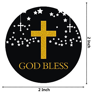 Fedyufook Black and Gold Cross Stickers God Bless Sticker Labels for Religious Baptism, Confirmation, Christening, First Communion - 2 Inches - 50 Count