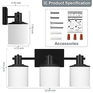 Sailstar Bathroom Light Fixtures 3 Light, Anti-Rust Matte Black Bathroom Lights Over Mirror, Modern Vanity Lights with Frosted Glass Shade, Vanity Lighting Fixtures