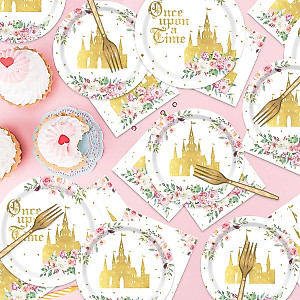 Girl Fairytale Princess Birthday Tableware Party Supplies Serves 24 Guests Once Upon a Time Pink Floral Gold Castle Plates Napkins Forks for Girls Birthday Party Decoration Supplies