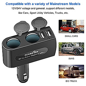 Rocketek 2-Socket Car Splitter Cigarette Lighter Adapter 4 in 1 Multi Power Outlet 12/24V 90W with 3.1A 2 USB Car Charger Adapter, Cigarette Lighter Splitter Adapter for iPhone Pad Phone Tablet GPS