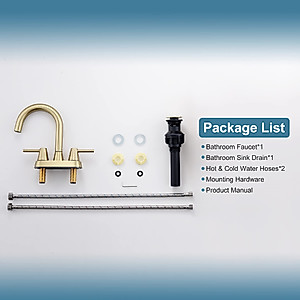 TONNY Gold Bathroom Faucet, 4-Inch Centerset Bathroom Faucet, 2 Handle Bathroom Sink Faucet with Water Supply Lines and Pop Up Drain Bathroom Faucets Brushed Gold