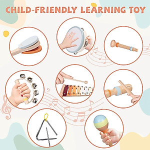 Baby Musical Instruments Set - Montessori Wooden 18 Month Old Baby Musical Toys Toddler Percussion Instruments Xylophone Maracas Tambourine for Kids, 2 3 4 Year Old Girls Boys Easter Birthday Gifts