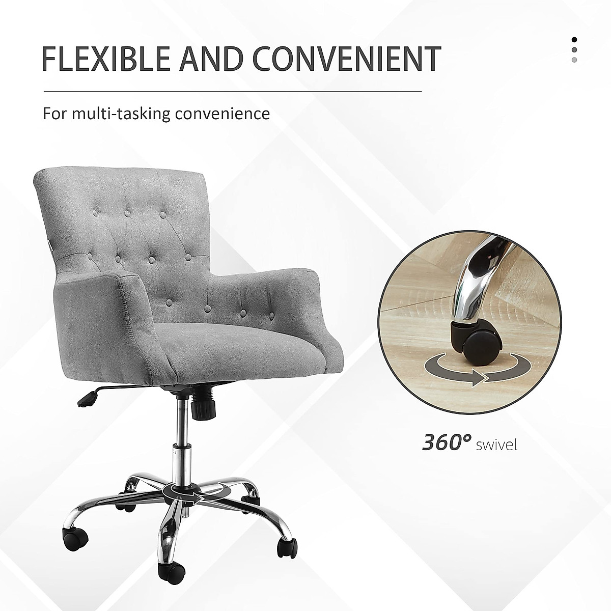 HOMCOM Mid Back Modern Home Office Chair with Tufted Button Design and Padded Armrests, Swivel Computer Desk Chair for Study Living Room Bedroom, Gray