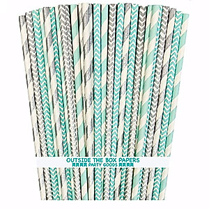Outside the Box Papers Light Blue and Silver Stripe and Chevron Paper Straws 7.75 Inches 100 Pack Light Blue, Silver, White