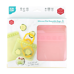 Bumkins Silicone Reusable Sandwich and Snack Bags, Storage, Food Prep, Lunch Bag, Washable Zip Bag, Microwave, Freezer and Dishwasher Safe, Travel, Leak Resistant, Sticky Lining Locks Out Air (Pink)