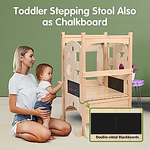 Ixdregan Toddler Kitchen Step Stool for Toddlers - Toddler Stool with Cute Cartoon Design, 3 Height Adjustable Toddler Stool for Kids 18M+, Safe Toddler Stepping Stool Supports 130LB-Natural Wood