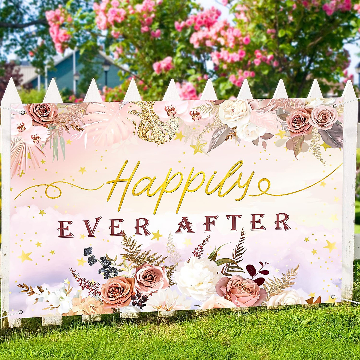INNORU Happily Ever After Backdrop Banner, Mr & Mrs Wedding Party Photography Backdrop Poster Engagement Party Anniversary Bridal Shower Decorations Photo Booth Props 6x4ft