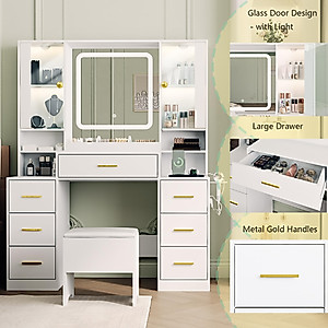 BORNOON Makeup Vanity with LED Light Strip Mirror and Chair, 7 Drawers & 2 RGB Cabinets White Vanity Makeup Desk with Power Strip, Adjustable LED Lighting, and Cushioned Stool for Women, Girls, Teens