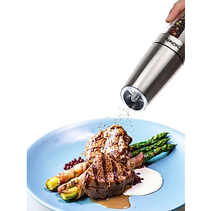 ChiChefs Electric Gravity Pepper Grinder or Salt Grinder Mill, Automatic Pepper Mill, Battery Operated with White LED Light, One Handed Operation, Adjustable Coarseness, Stainless Steel