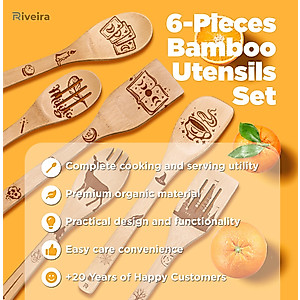Riveira Magic Wizard Gifts Organic Wooden Spoons For Cooking Utensils Set 6-piece - Christmas Gifts For Women Kitchen Utensils Spatulas For Nonstick Cookware Gifts For Cooking Lovers