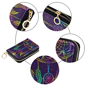 susiyo Colorful Dream Catcher Feathers Credit Card Wallet, RFID Blocking Compact Women Leather Card Holder Zipper Purse