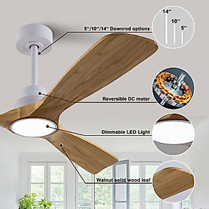 QUTWOB 52" Wood Ceiling Fan with Lights Remote Control,Quiet DC Motor 3 Blade Ceiling Fans for Patio Living Room, Bedroom, Office,Indoor Outdoor(Raw wood+White)