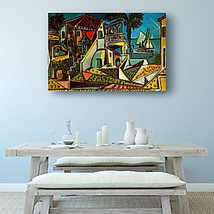 Picasso Famous Mediterranean Landscape Poster Canvas Wall Art for Living Room Decor Pictures Aesthetic Pictures for Kitchen Print Painting Artwork Bathroom Decorations Wall Bedroom Canvas Modern (36x24inch(90x60cm),Framed)