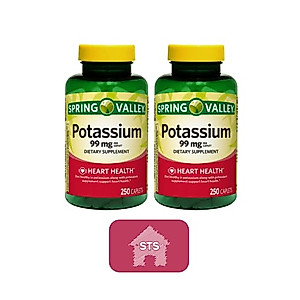 Spring Valley Potassium 99 mg, Caplets for Heart, Nerve & Muscle Function, 250 Count + Weekly Pill Organizer, Portable Travel Pill Box Dispenser Medicine case (Seven Day) by STS. Home