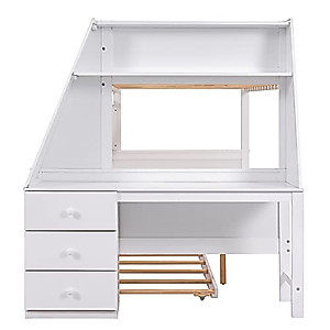KoiHome Twin Over Full Bunk Bed with Trundle and Built-in Desk & Three Storage Drawers & Shelf, Wooden Platform Bed Frame with Slats Support for Kids,Teens Bedroom, No Box Spring Needed, White