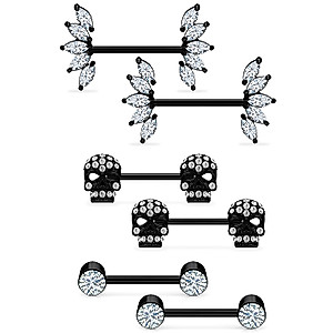 Vsnnsns 14G Nipple Rings for Women Stainless Steel Skull Nipple Rings CZ Nipple Piercing Jewelry Nipple Rings Surgical Steel Nipple Jewelry Barbell Body Piercing Jewelry Black