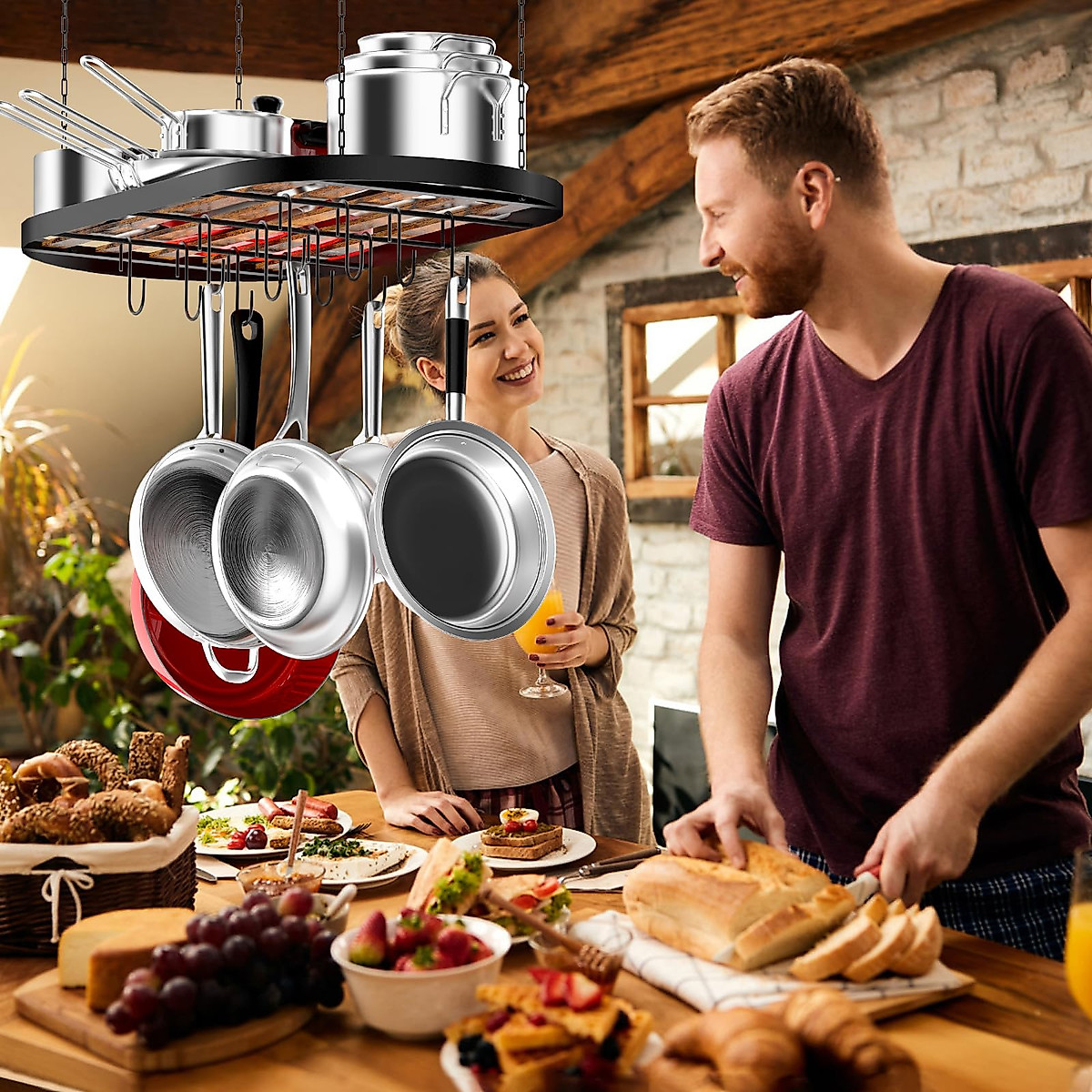 LiebeRen Pot Rack Hanging, Pot Hanger for Kitchen Ceiling, Hanging Pot Rack Ceiling Mount（33"x 16.5"x 1.2"inches, Ceiling Pot Rack with 12 Hooks, Pot and Pan Hanger Made of Wood and Iron.(Black)