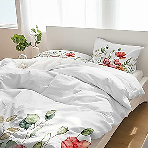 Twin 3 Piece Bedding Set,Red Poppy Flower on White Breathable Duvet Cover Super Soft Pillow Shams,Farm Green Eucalyptus Leaf Washable Bed Sets All Seasons for Bedroom Dorm Hotel RV
