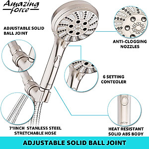 AMAZING FORCE Shower Head with Handheld, 6 Settings Showerhead High Pressure Powerful Water Spray Shower Head Set with 70 Inch Stainless Steel Hose and Bracket