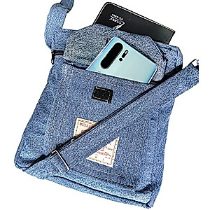 Upcycling Blue Denim Jeans Messenger Cross Body Shoulder Handbag Purse for Unisex