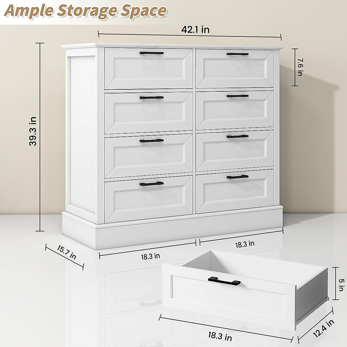 ZLWJGY White Dresser for Bedroom, Wood Dresser with 8 Drawers, Chest of Drawer for Bedroom Living Room Entryway Hallway, Modern Farmhouse Style