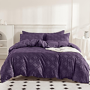 JELLYMONI Purple Duvet Cover Twin Size - 3 PCS Microfiber Tufted Duvet Cover Set, Boho Textured Duvet Cover Jacquard Rhombus Geometric Pattern Duvet Cover with Corner Ties & Zipper Closure