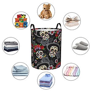 Gbuzozie Floral Skulls Round Laundry Hamper Day Of The Dead Storage Basket Toys Clothes Organizer Bin For Home Bathroom Bedroom Dorm Nursery, 38l