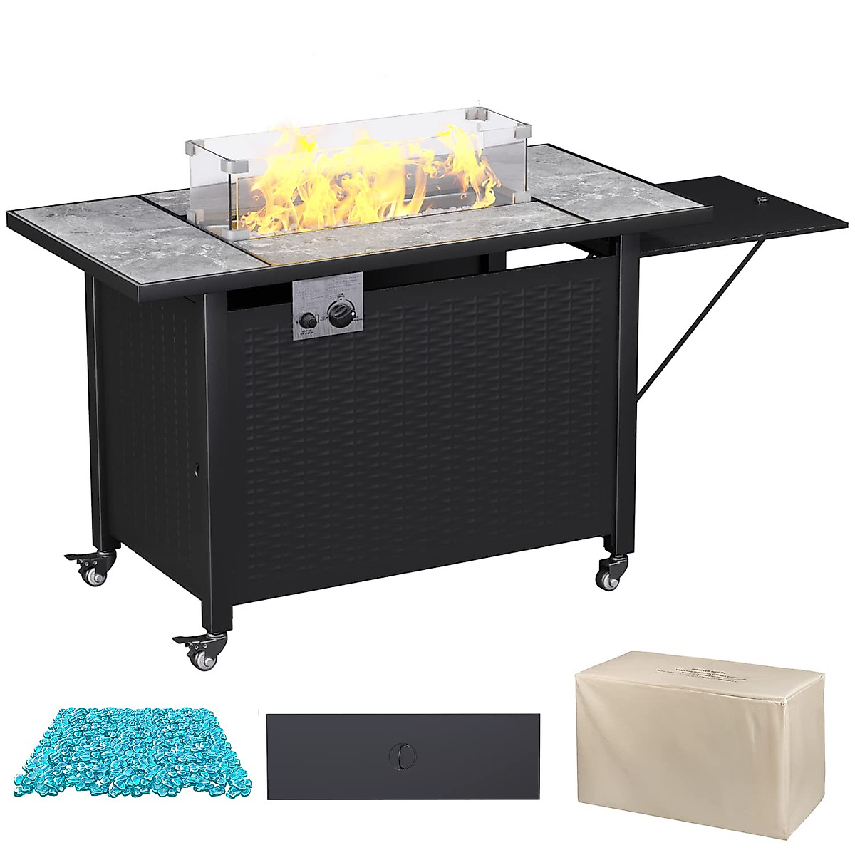 Greesum 43 Inch Outdoor Gas Fire Pit Table, 50,000 BTU Steel Propane Firepit with Wind Guard and Ceramic Tile Desktop, Add Warmth and Ambience to Parties On Patio Garden Backyard, Beige and Black