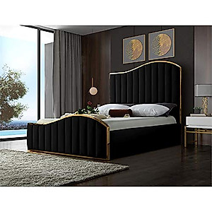 Meridian Furniture Jolie Collection Modern | Contemporary Velvet Upholstered Bed With Channel Tufting, And Polished Gold Metal Frame, Black, King