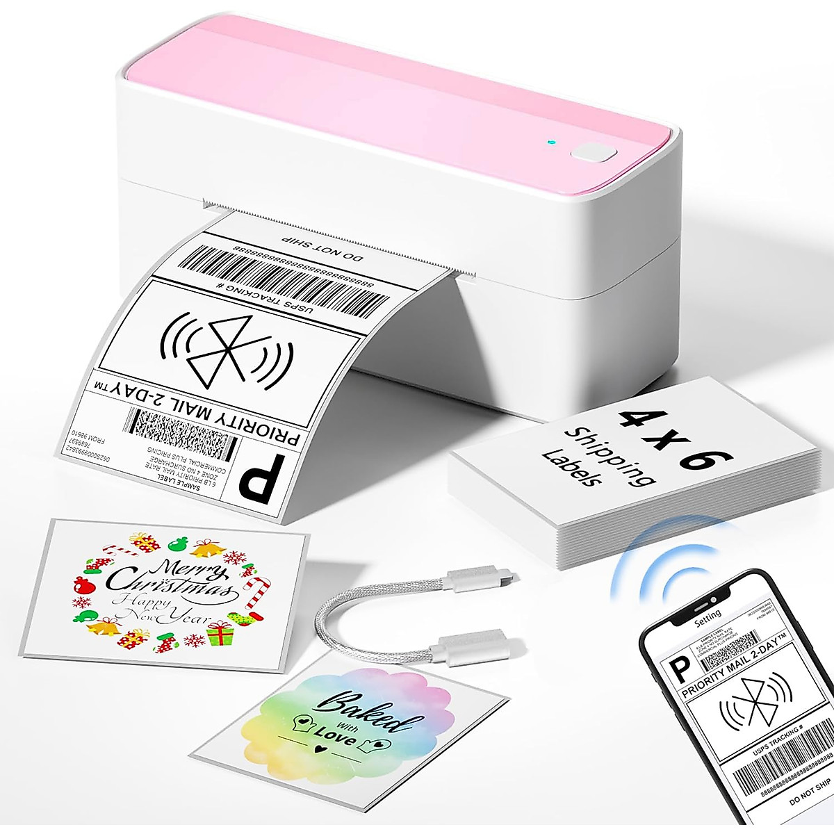 Bluetooth Wireless Thermal Shipping Label-Printer - 4x6 Label Printer for Shipping Packages & Small Business, Pink Label Printers Support with iPad iPhone and Android, Work for Amazon Etsy USPS UPS