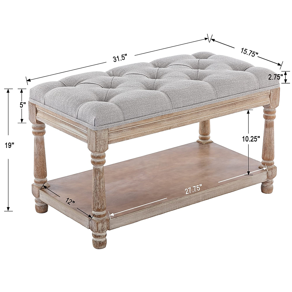 chairus Storage Bench 31.5" W Button Tufted Small Entryway Bench with Wooden Shoes Rack End of Bed Bench with Fabric Linen Upholstered Rectangular Seat for Bedroom Hallway Small Space, Grey