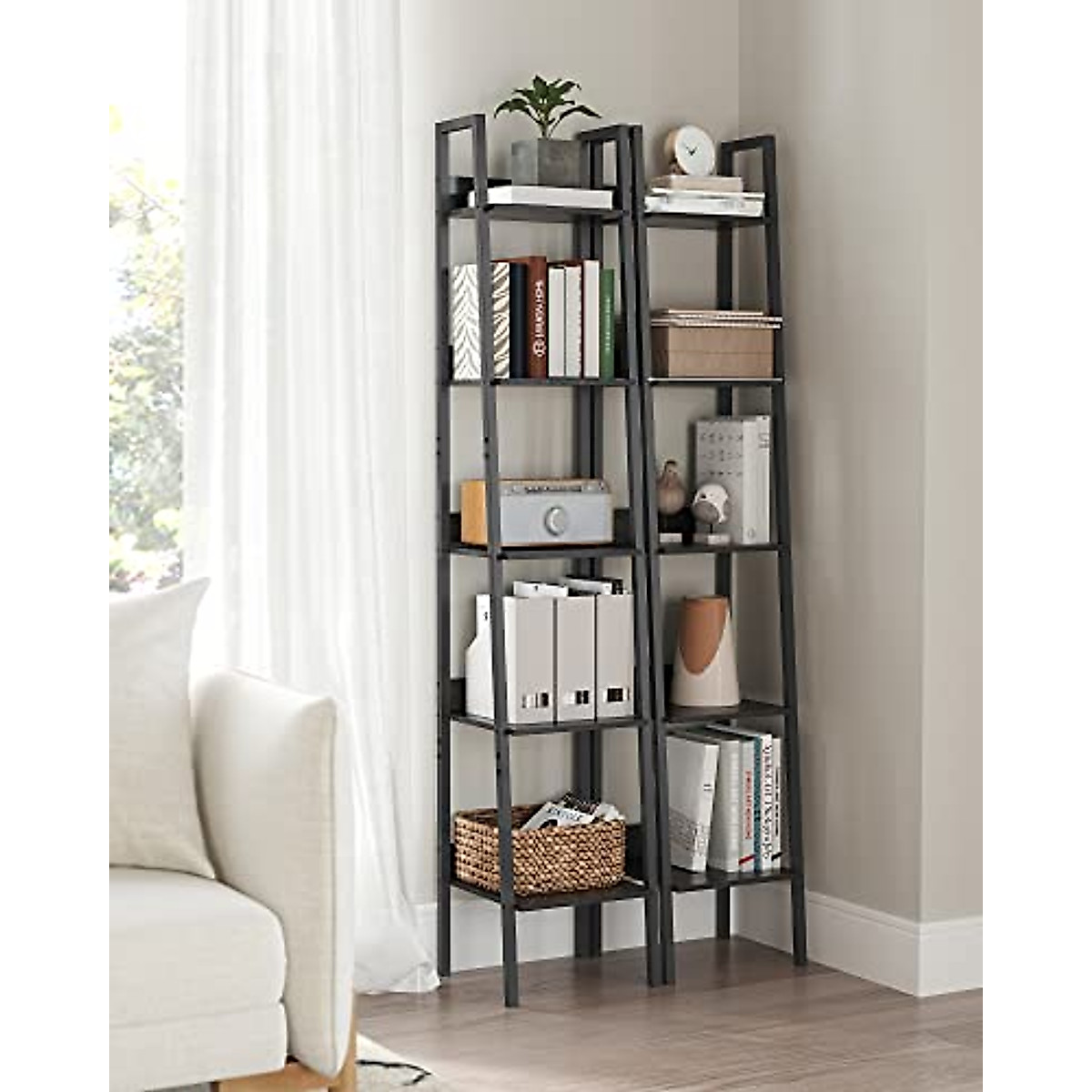 VASAGLE Bookshelf, 5-Tier Narrow Book Shelf, Ladder Shelf for Home Office, Living Room, Bedroom, Kitchen, Black with Wood Grain ULLS109B56