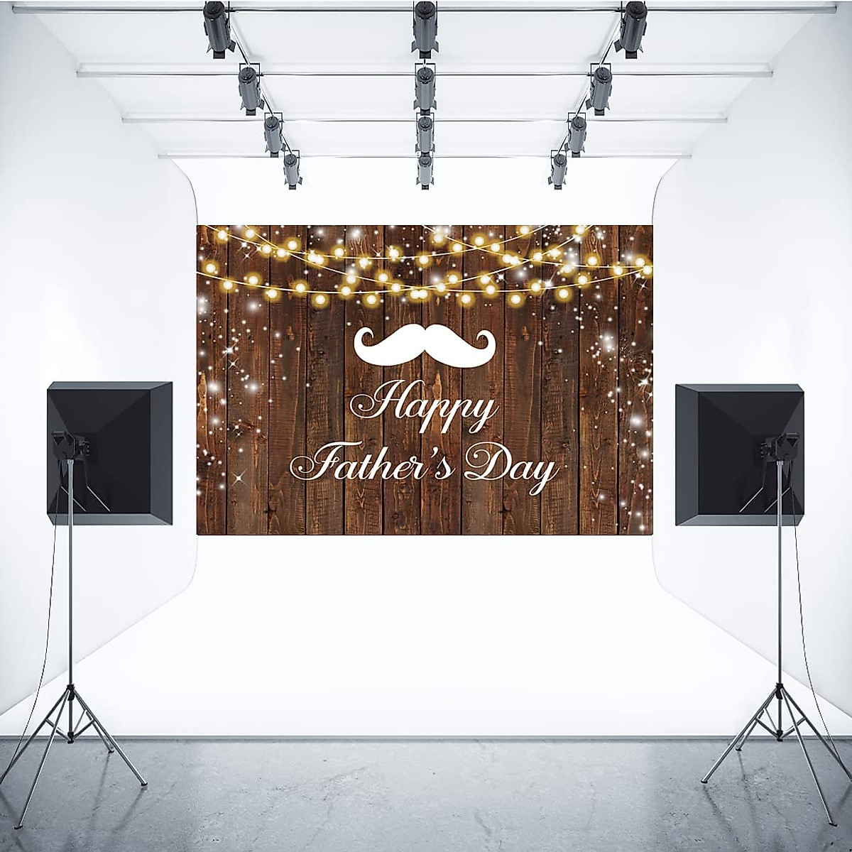 Aperturee 7x5ft Happy Father's Day Backdrop Cute Beards Glitter Goden and White Lights Rustic Wood Photography Background Thanks Daddy Backgrounds Party Decoration Prom Studio Pictures Shoot Props