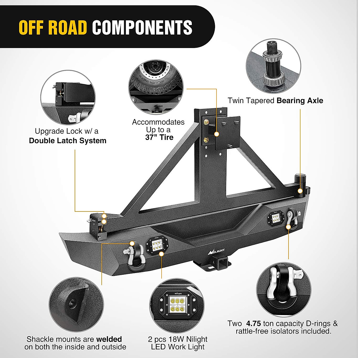 Nilight Rear Bumper & Spare Tire Rack & Hitch Receiver w/2 LED Lights Compatible for 2007-2018 Jeep Wrangler JK for 2007-2018 Jeep Wrangler JK & Unlimited
