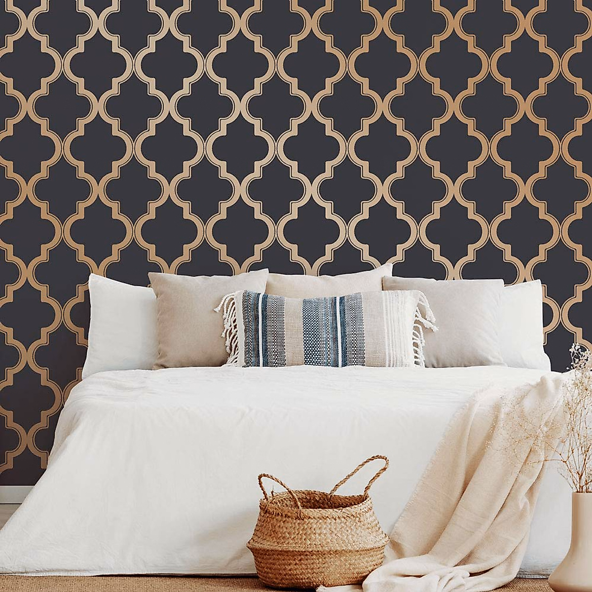 Tempaper Midnight & Metallic Gold Marrakesh Removable Peel and Stick Wallpaper, 20.5 in X 16.5 ft, Made in the USA