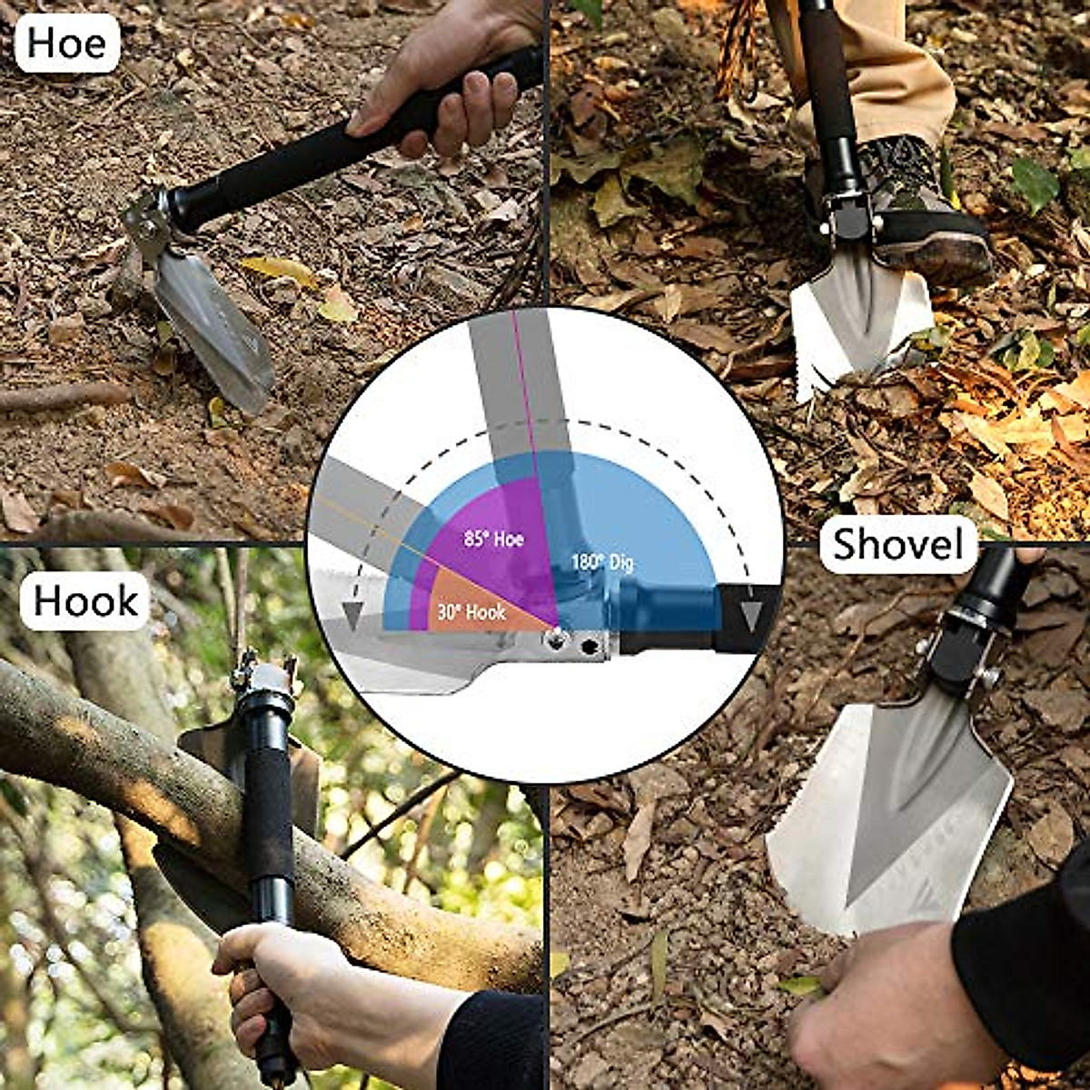 FiveJoy Survival Shovel Multitool (C1) - Portable Collapsible Tactical Tool - Entrenching Backpack Equipment for Hiking Camping Emergency Car - Gifts for Men Dad Husband